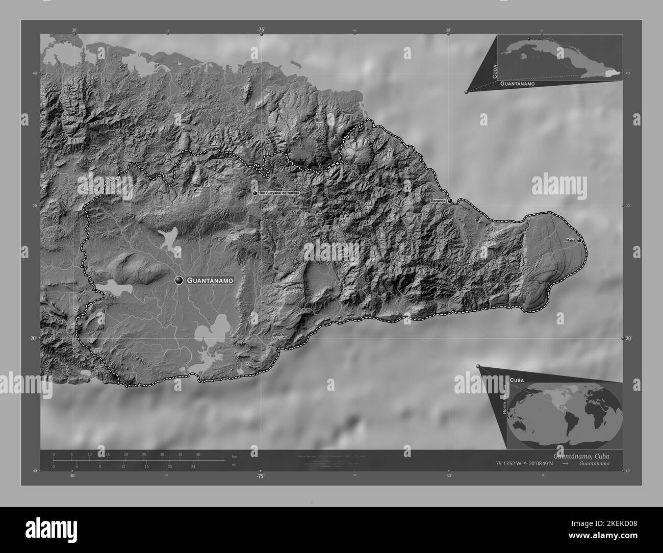 Guantanamo, province of Cuba. Bilevel elevation map with lakes and ...