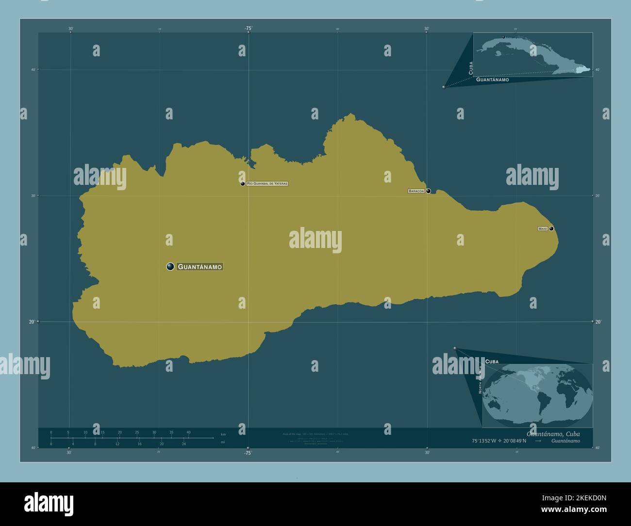 Guantanamo, province of Cuba. Solid color shape. Locations and names of ...