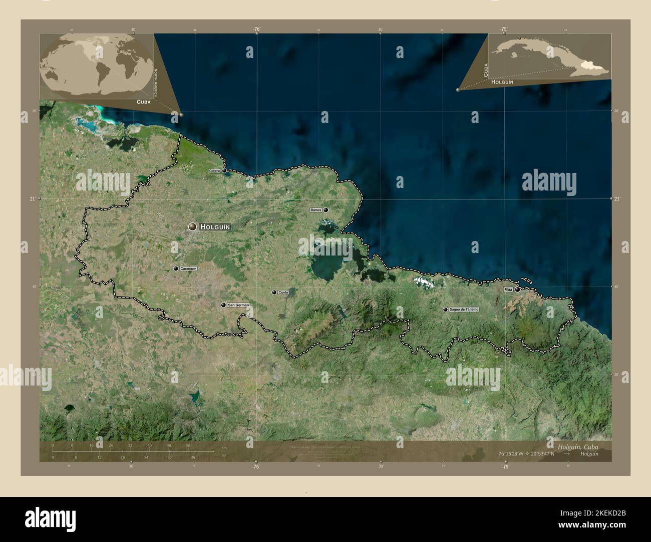 Holguin, province of Cuba. High resolution satellite map. Locations and ...
