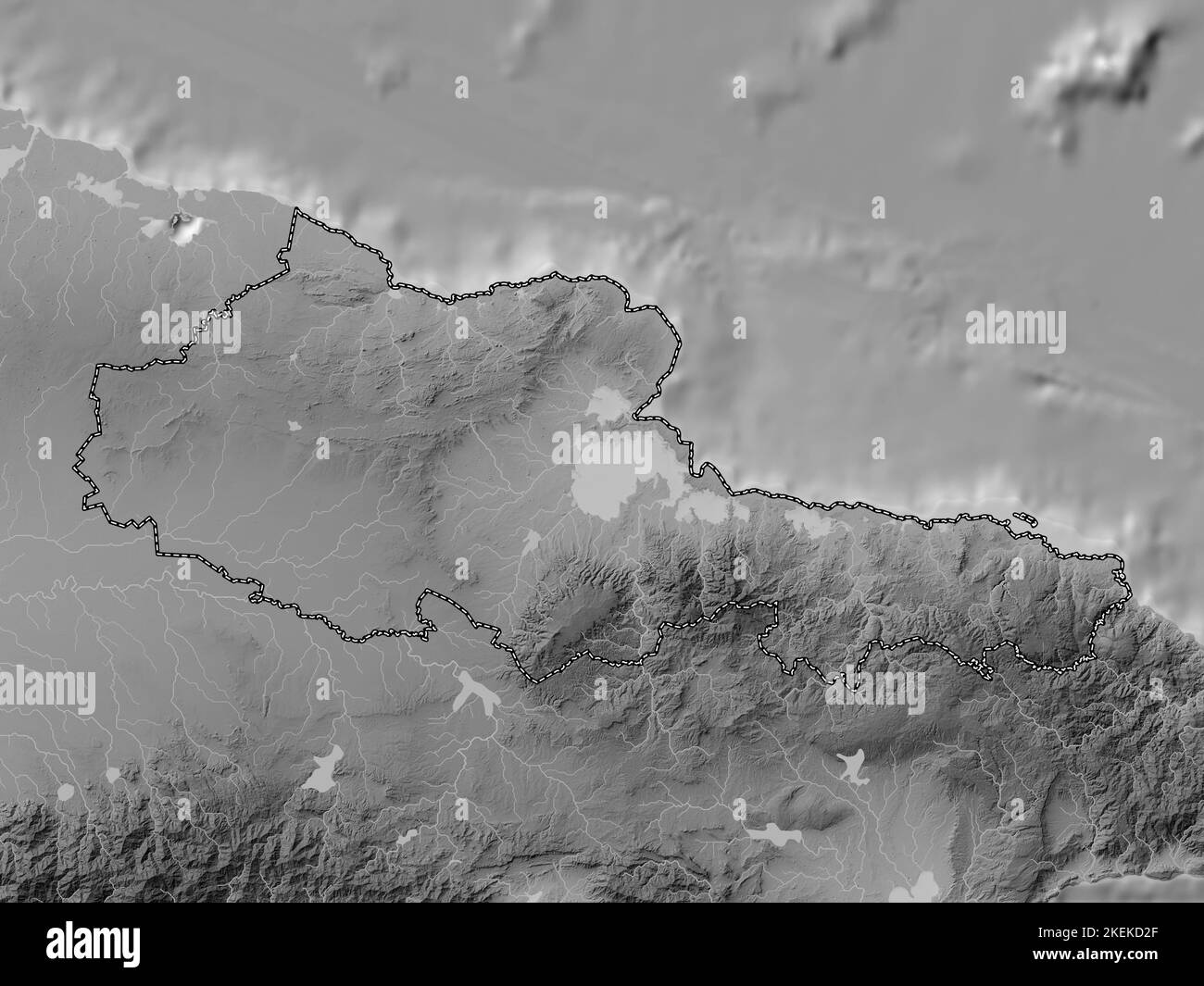 Holguin, province of Cuba. Grayscale elevation map with lakes and ...