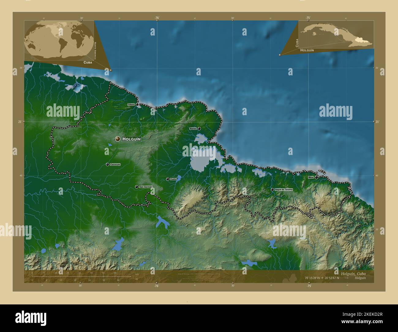 Holguin, province of Cuba. Colored elevation map with lakes and rivers ...