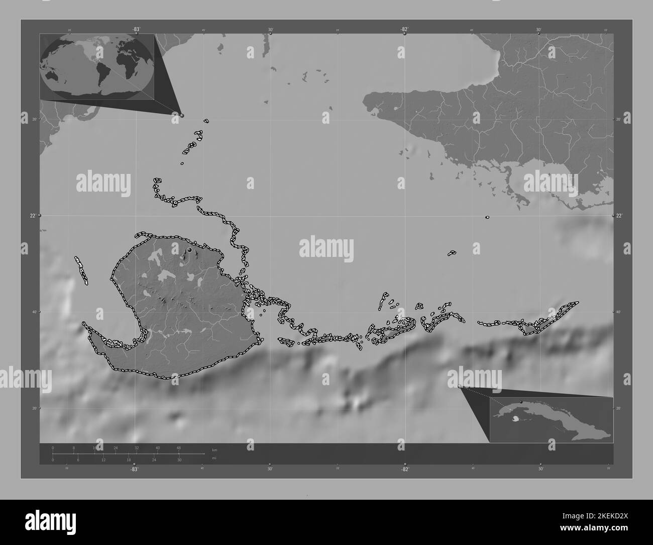 Isla de la Juventud, province of Cuba. Bilevel elevation map with lakes ...