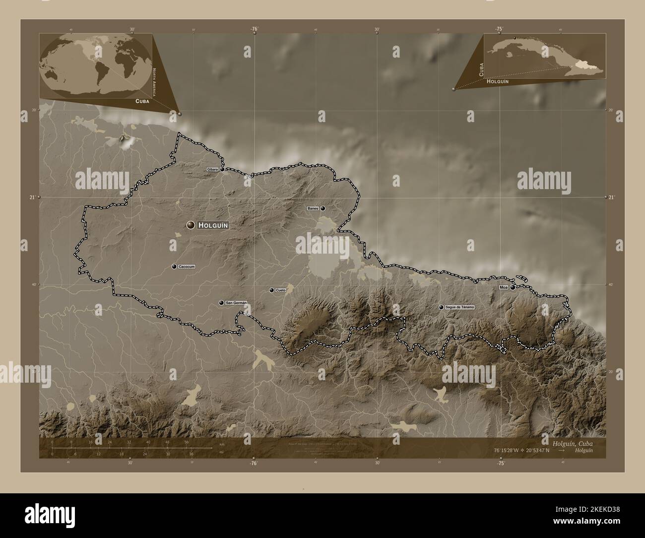 Holguin, province of Cuba. Elevation map colored in sepia tones with ...