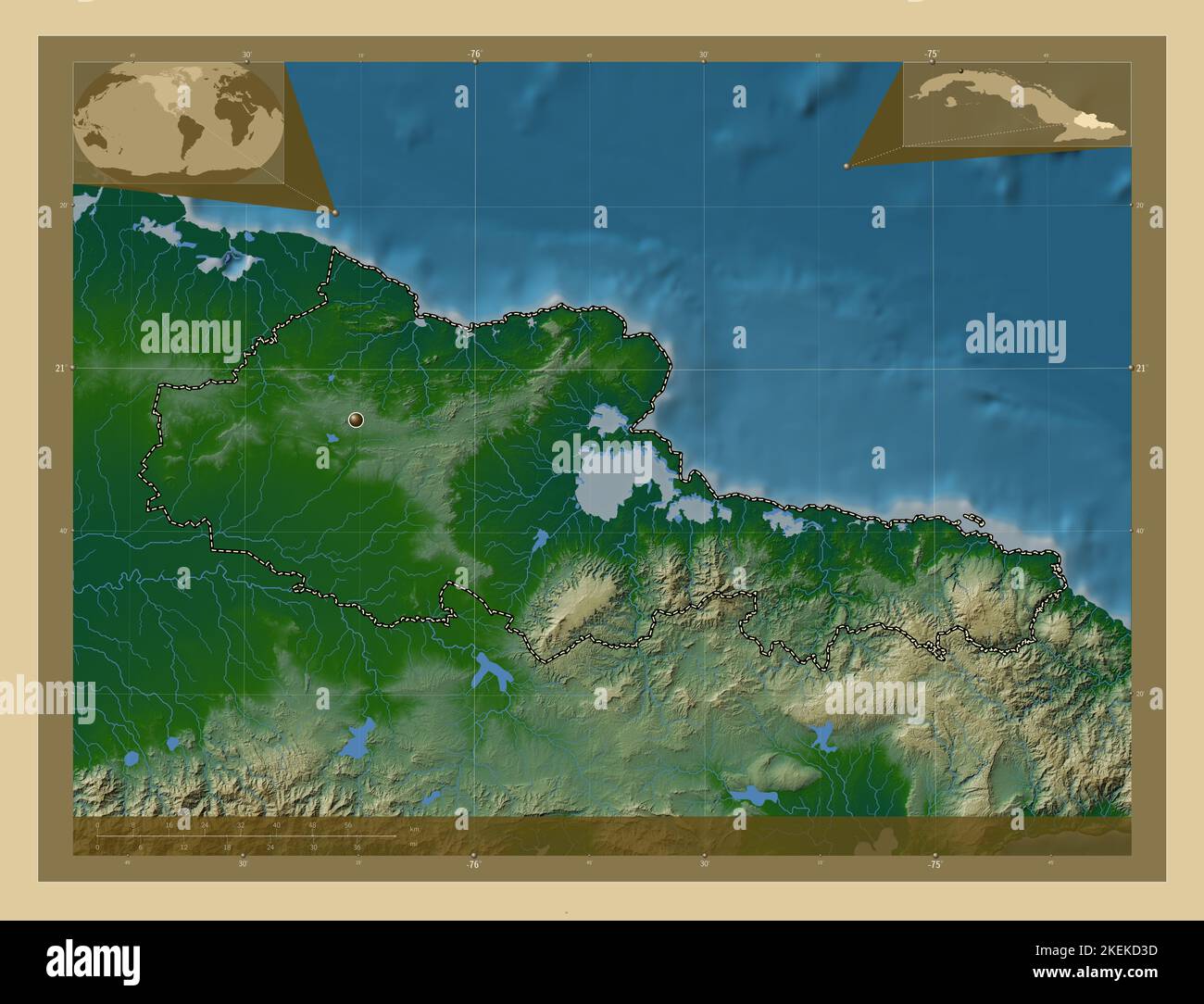 Holguin, province of Cuba. Colored elevation map with lakes and rivers ...