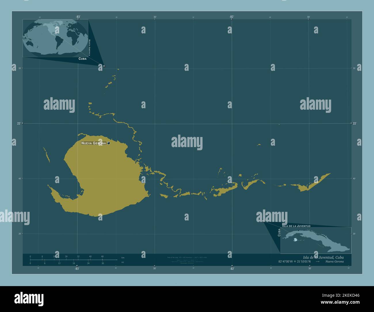 Isla de la Juventud, province of Cuba. Solid color shape. Locations and ...