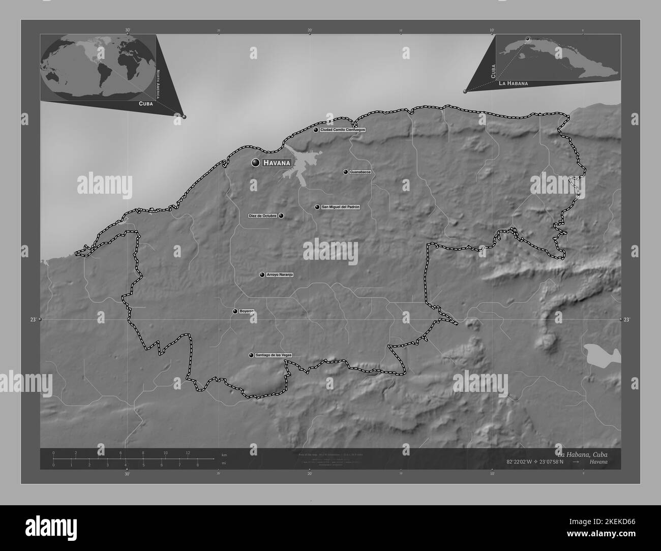 La Habana, province of Cuba. Bilevel elevation map with lakes and ...