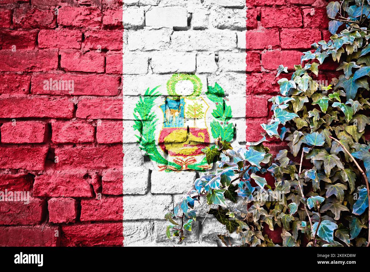 Peru grunge flag on brick wall with ivy plant, country symbol concept ...