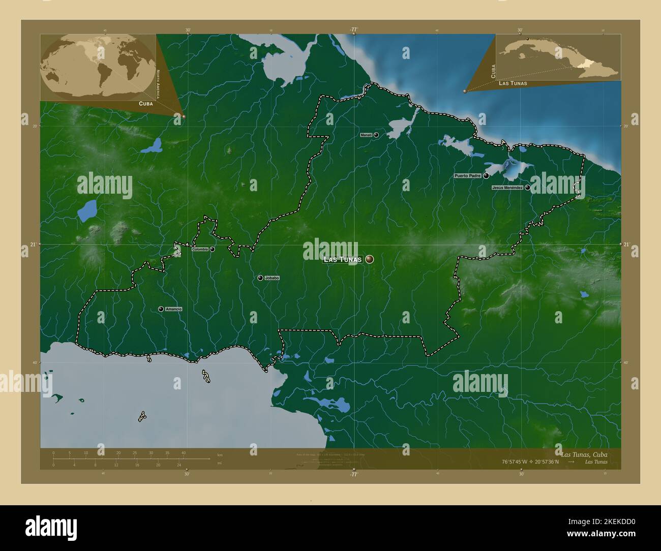 Las Tunas, province of Cuba. Colored elevation map with lakes and ...