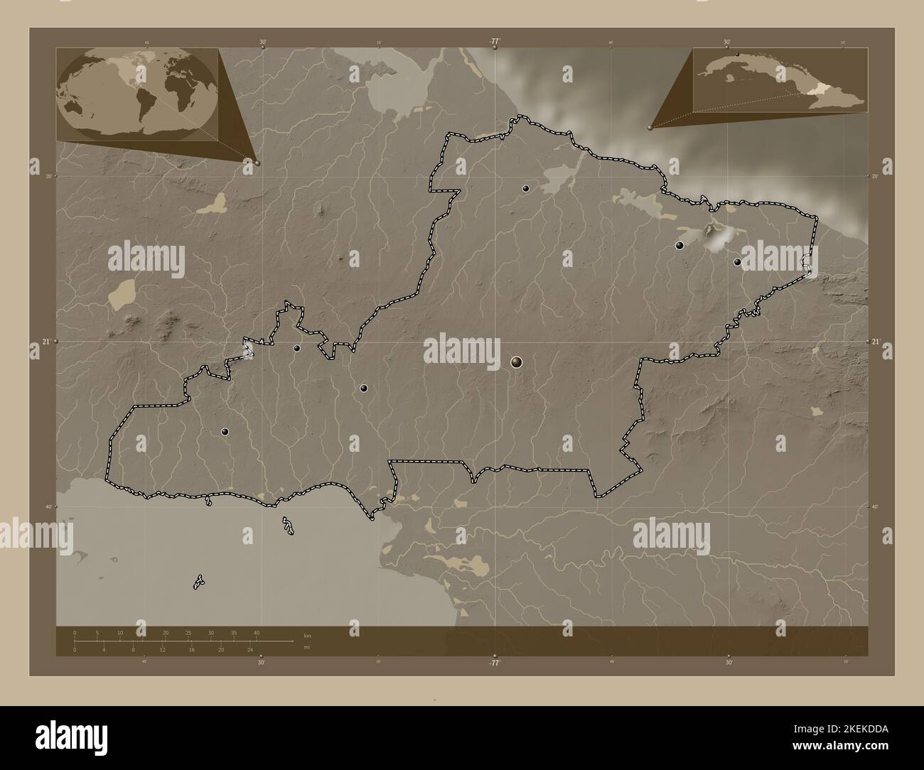 Las Tunas, province of Cuba. Elevation map colored in sepia tones with ...