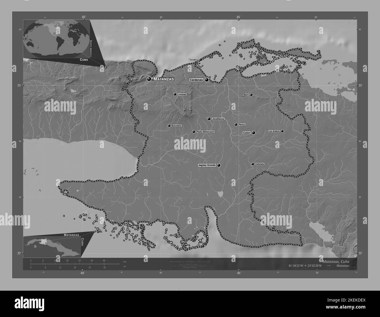 Matanzas, province of Cuba. Bilevel elevation map with lakes and rivers ...