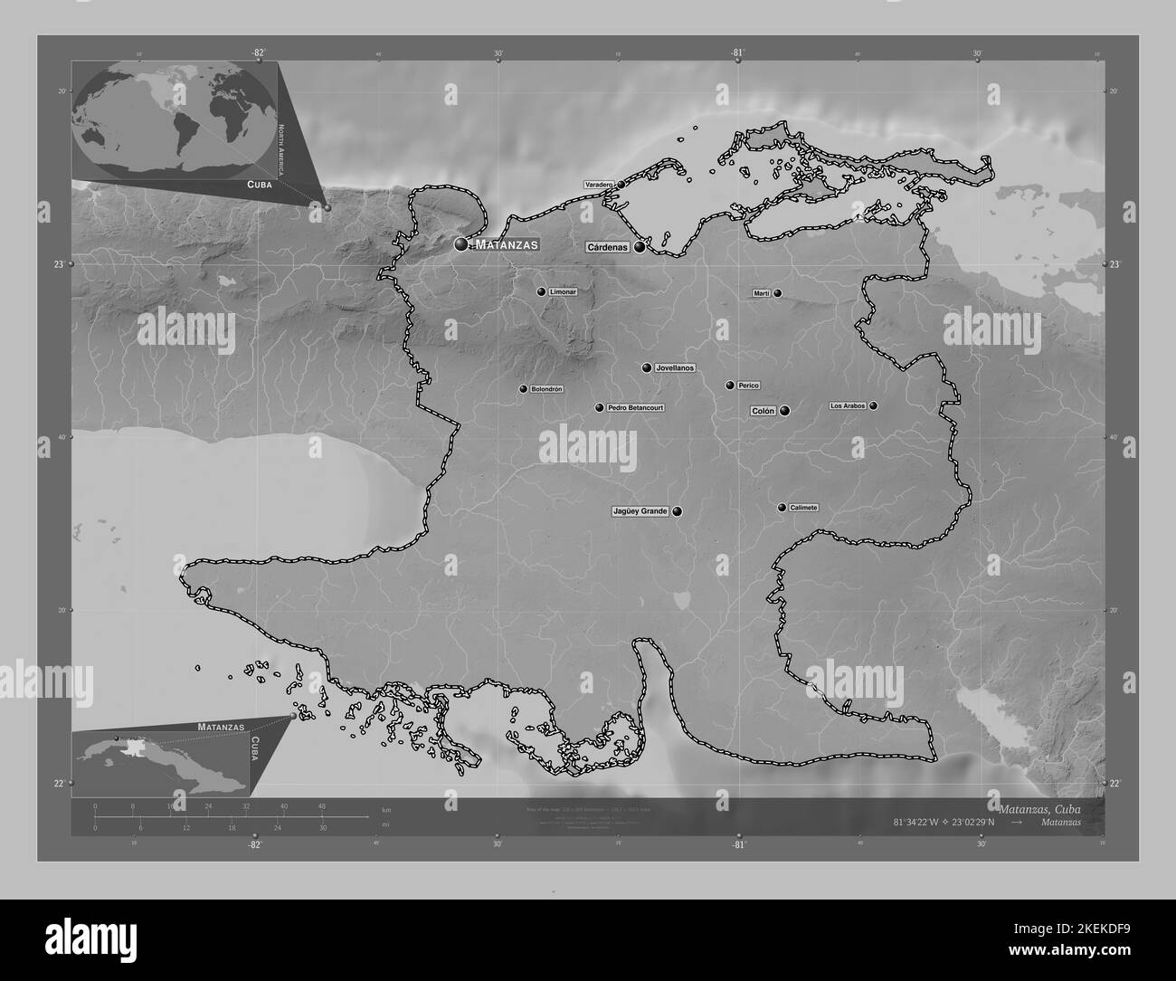 Matanzas, province of Cuba. Grayscale elevation map with lakes and ...
