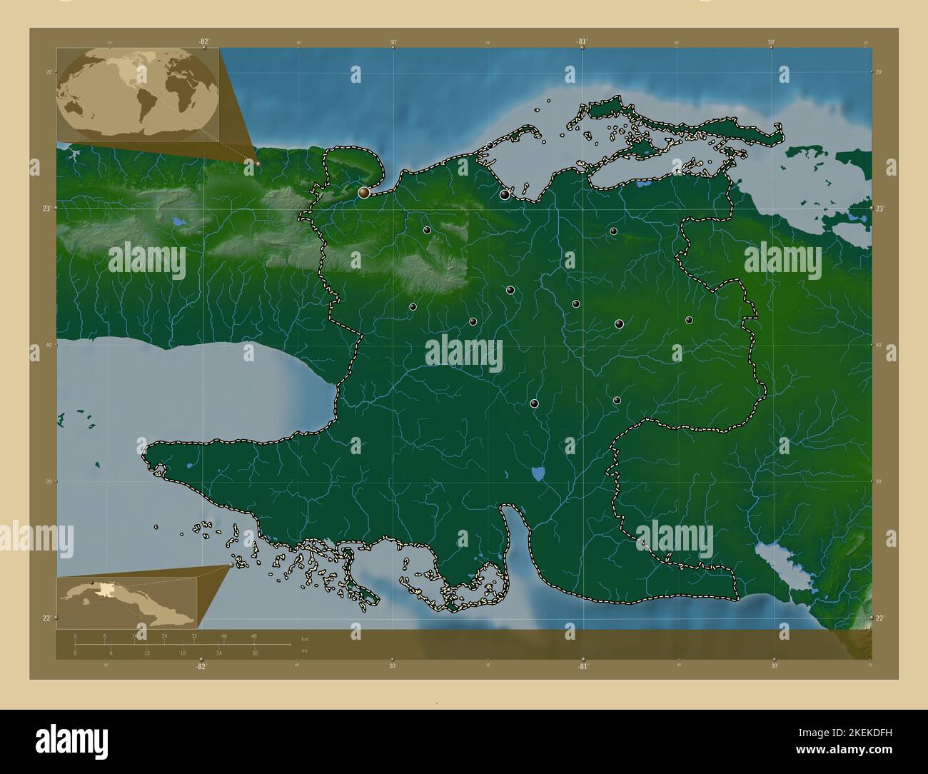Matanzas, province of Cuba. Colored elevation map with lakes and rivers ...