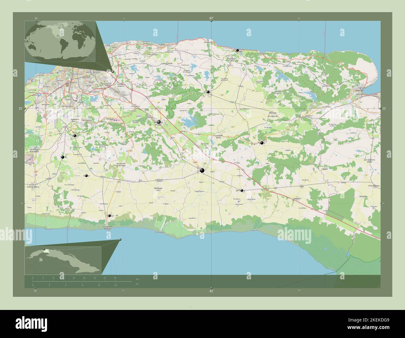 Mayabeque, province of Cuba. Open Street Map. Locations of major cities ...