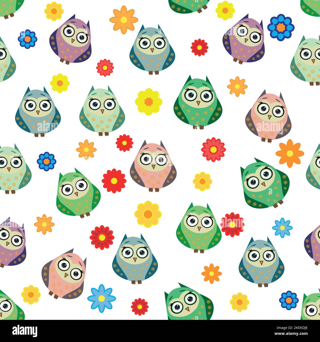 Cute multicolored owls and flowers in cartoon style, childish seamless ...
