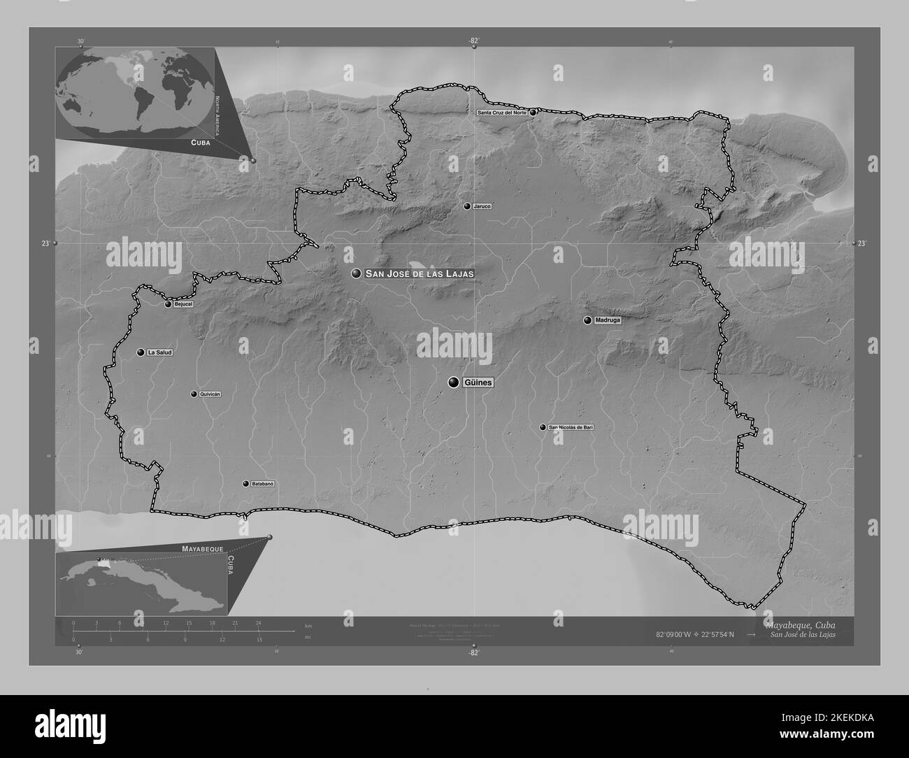 Mayabeque, province of Cuba. Grayscale elevation map with lakes and ...