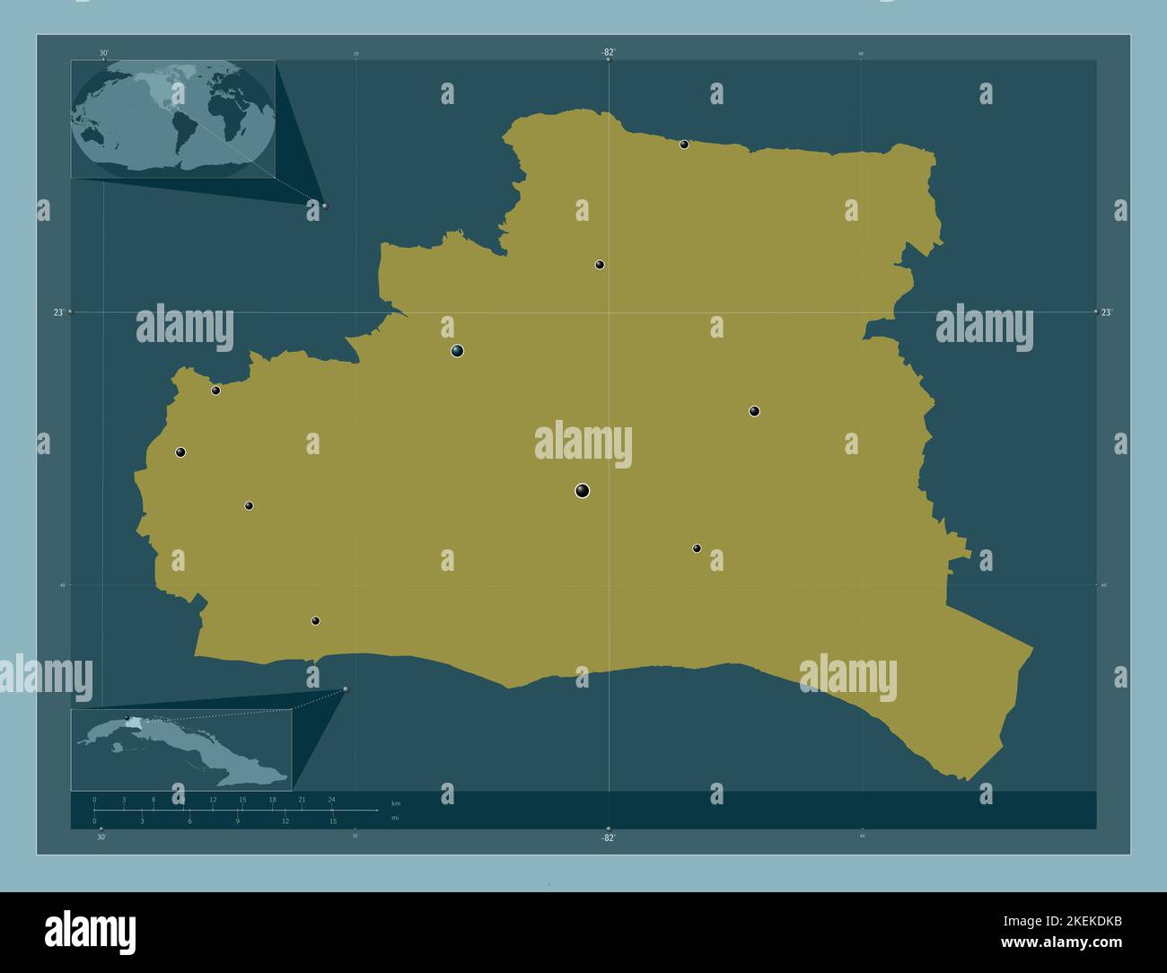 Mayabeque, province of Cuba. Solid color shape. Locations of major ...