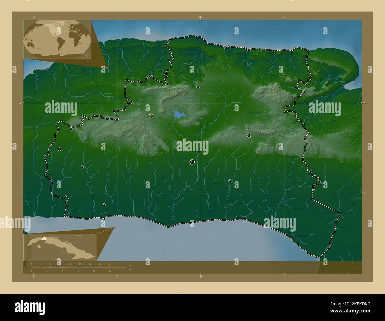 Mayabeque, province of Cuba. Colored elevation map with lakes and ...