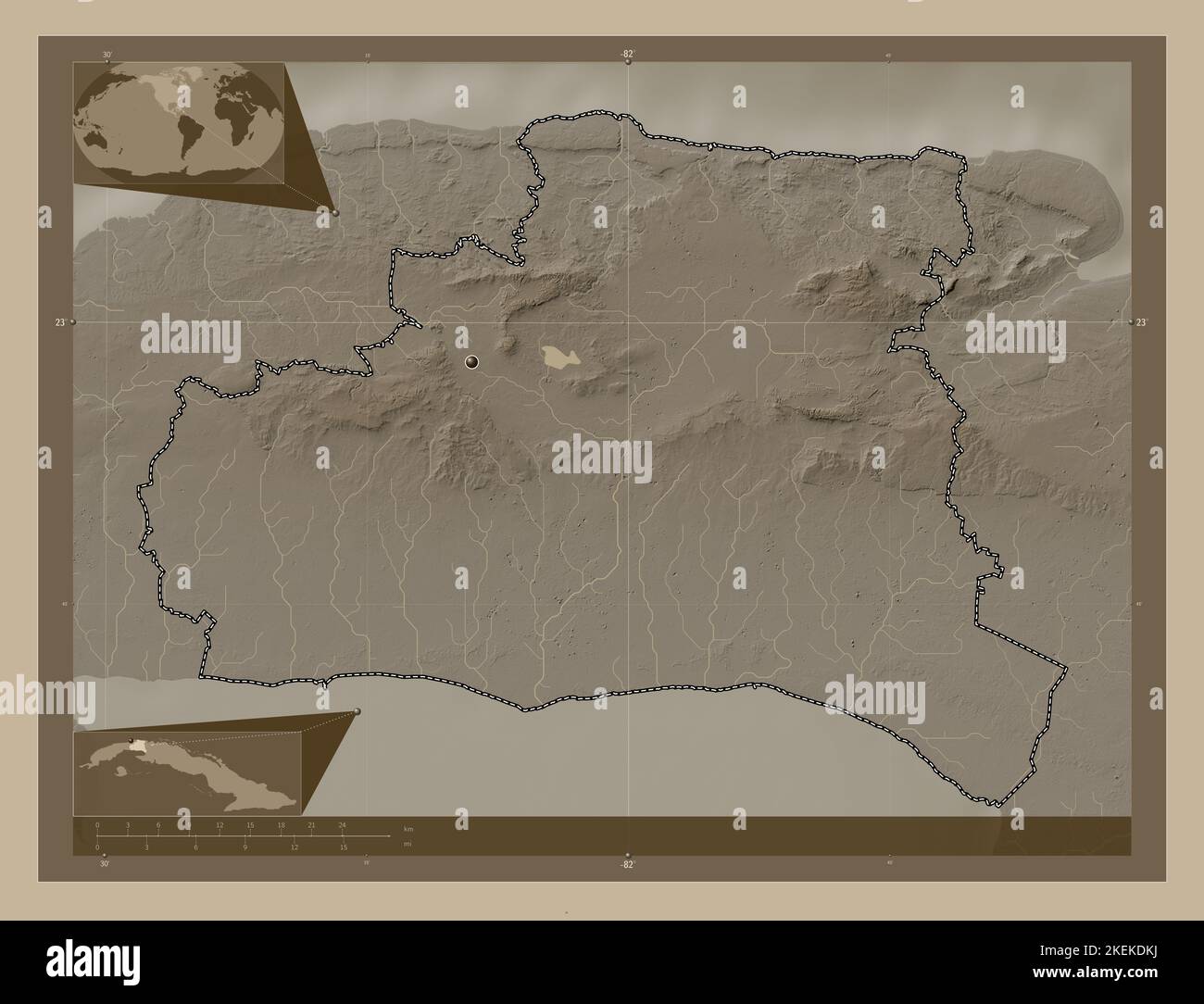Mayabeque, province of Cuba. Elevation map colored in sepia tones with ...