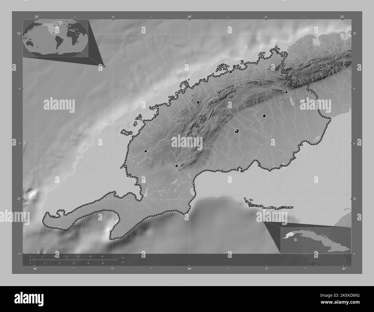 Pinar del Rio, province of Cuba. Grayscale elevation map with lakes and ...