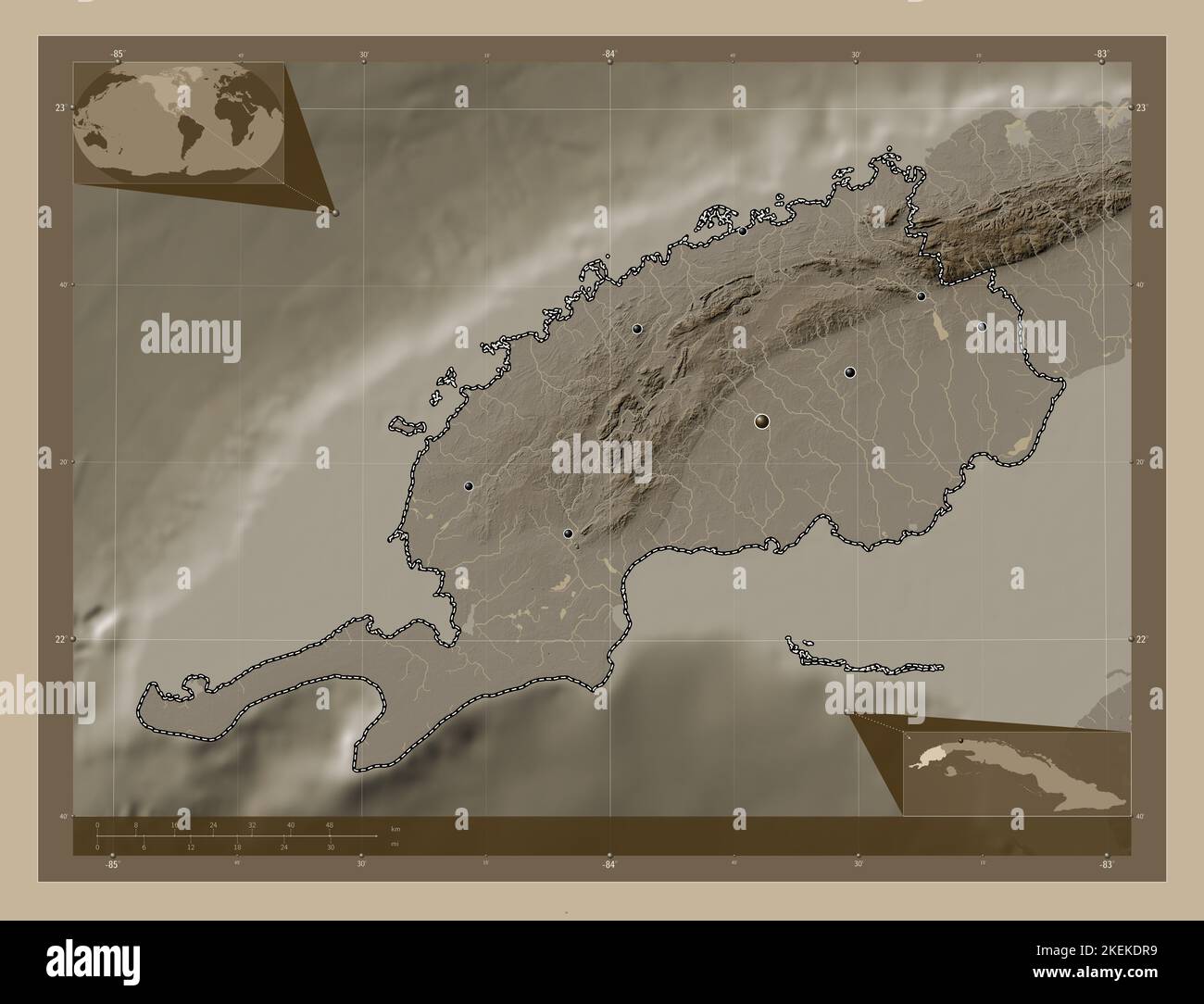 Pinar del Rio, province of Cuba. Elevation map colored in sepia tones ...