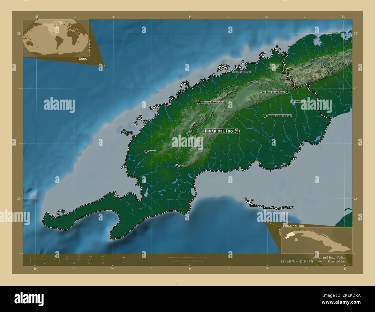 Pinar del Rio, province of Cuba. Colored elevation map with lakes and ...