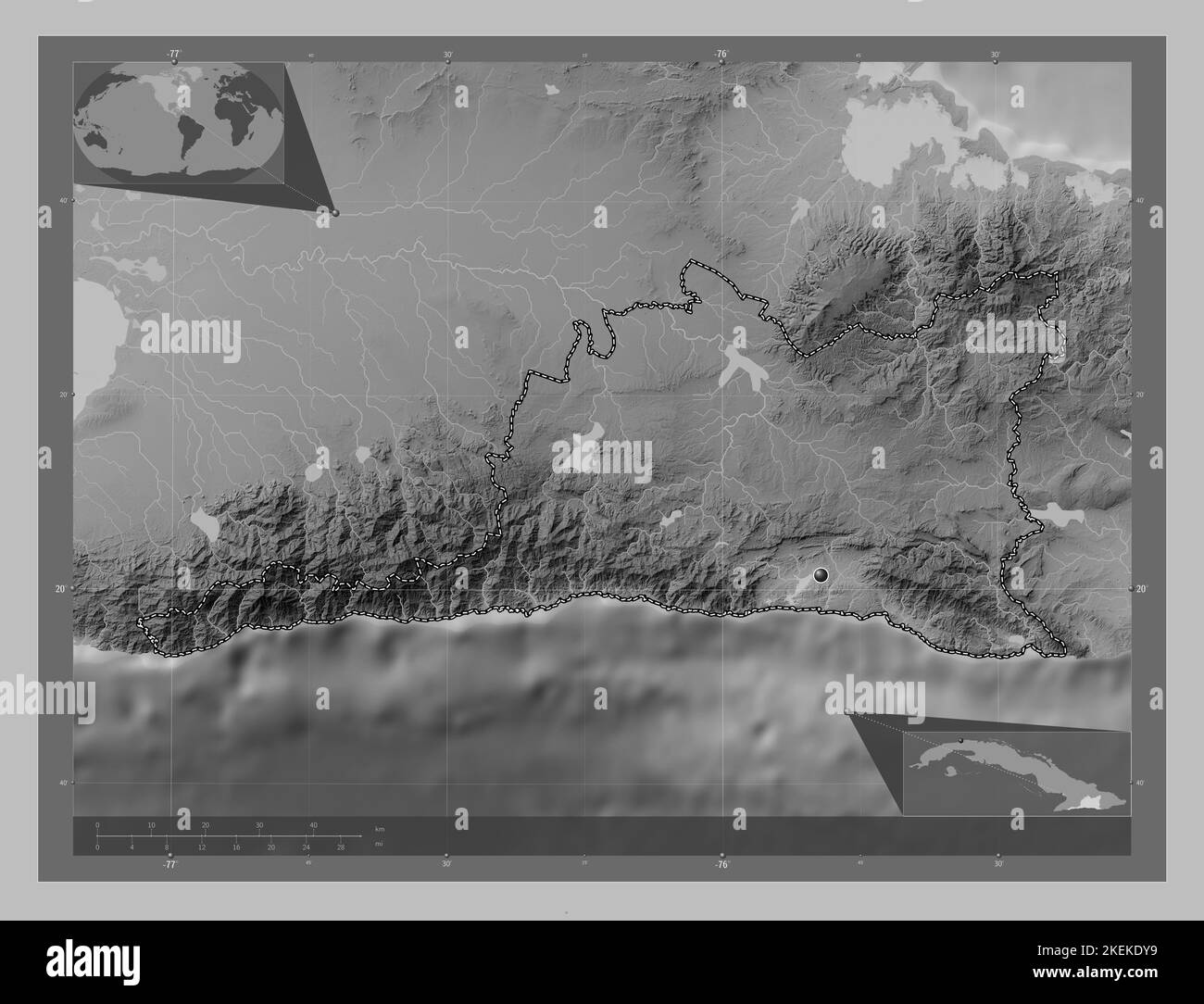 Santiago de Cuba, province of Cuba. Grayscale elevation map with lakes ...