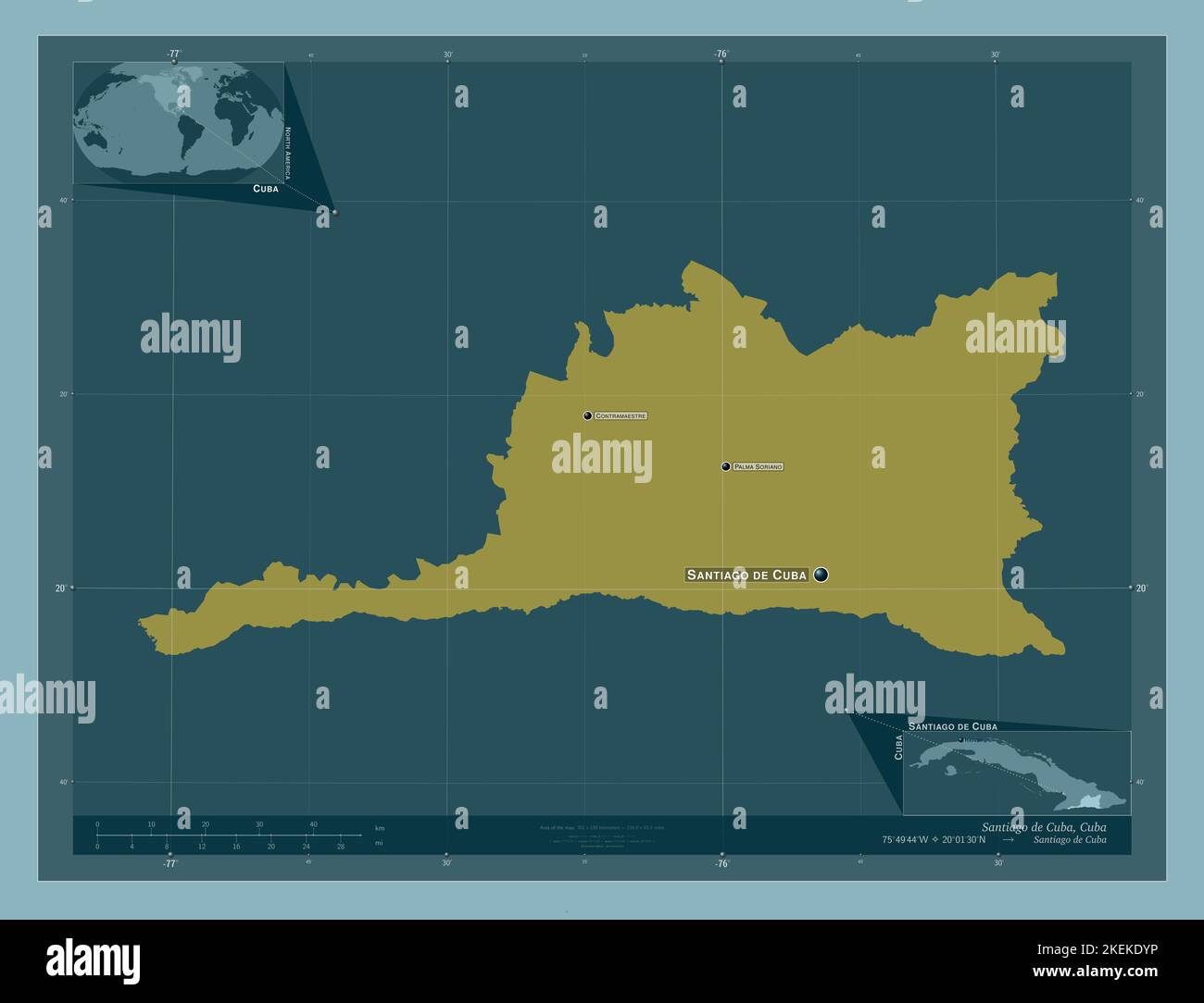 Santiago de Cuba, province of Cuba. Solid color shape. Locations and ...