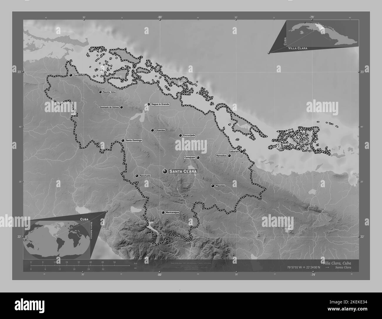 Villa Clara, province of Cuba. Grayscale elevation map with lakes and ...
