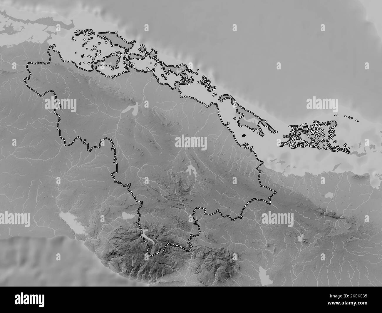 Villa Clara, province of Cuba. Grayscale elevation map with lakes and ...