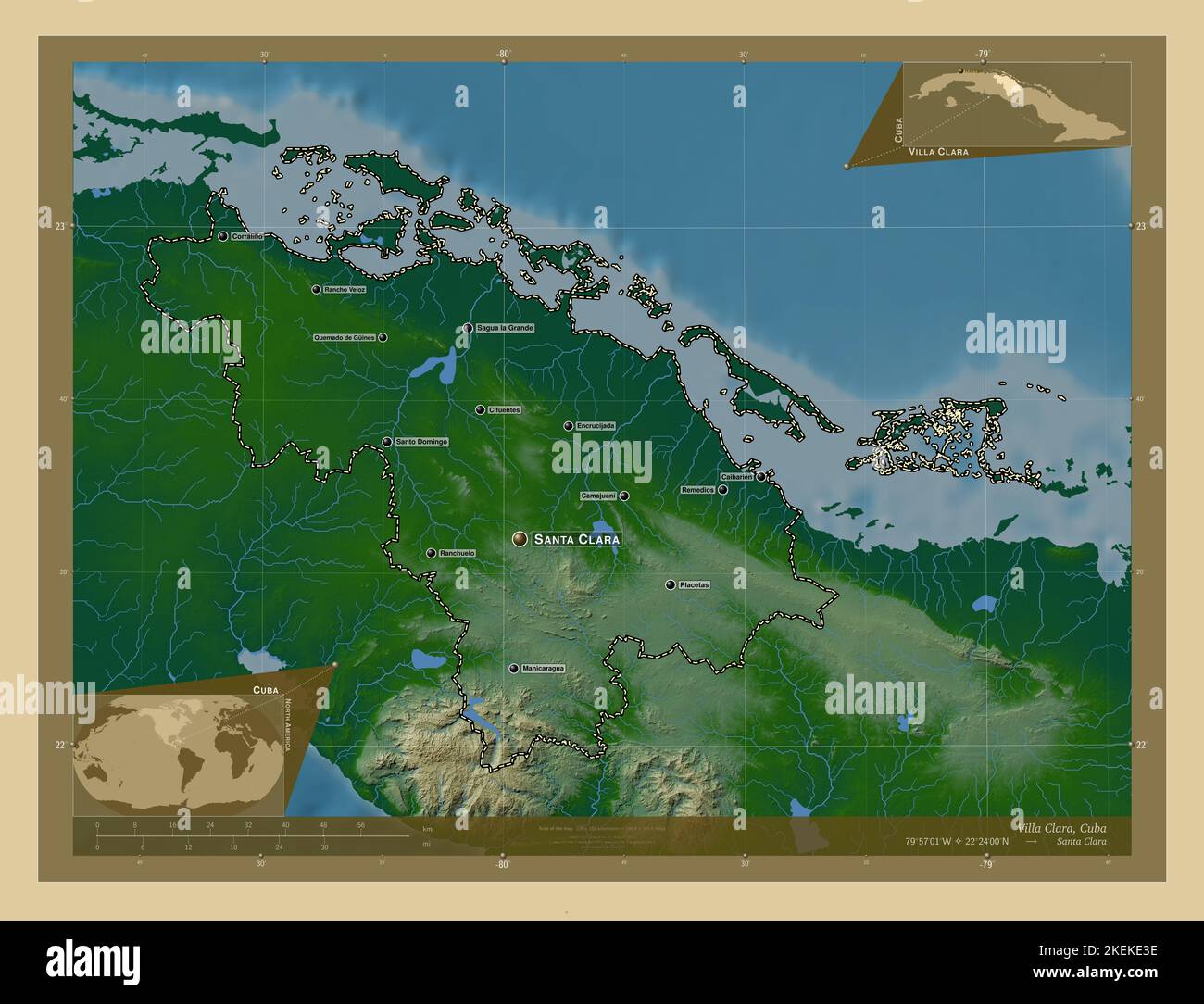 Villa Clara, province of Cuba. Colored elevation map with lakes and ...