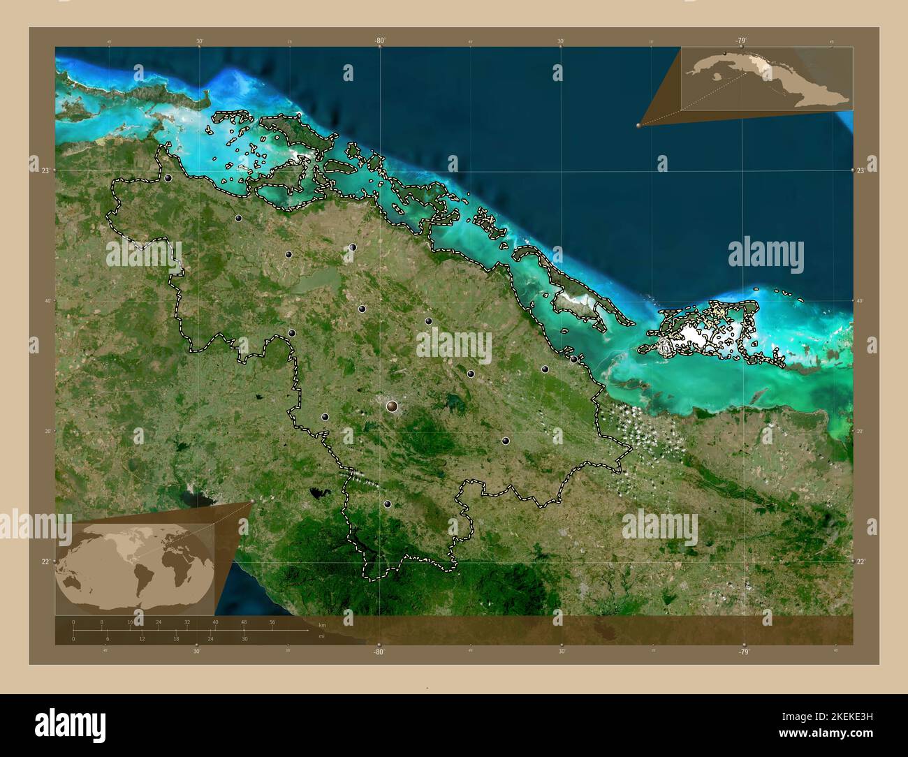 Villa Clara, province of Cuba. Low resolution satellite map. Locations ...