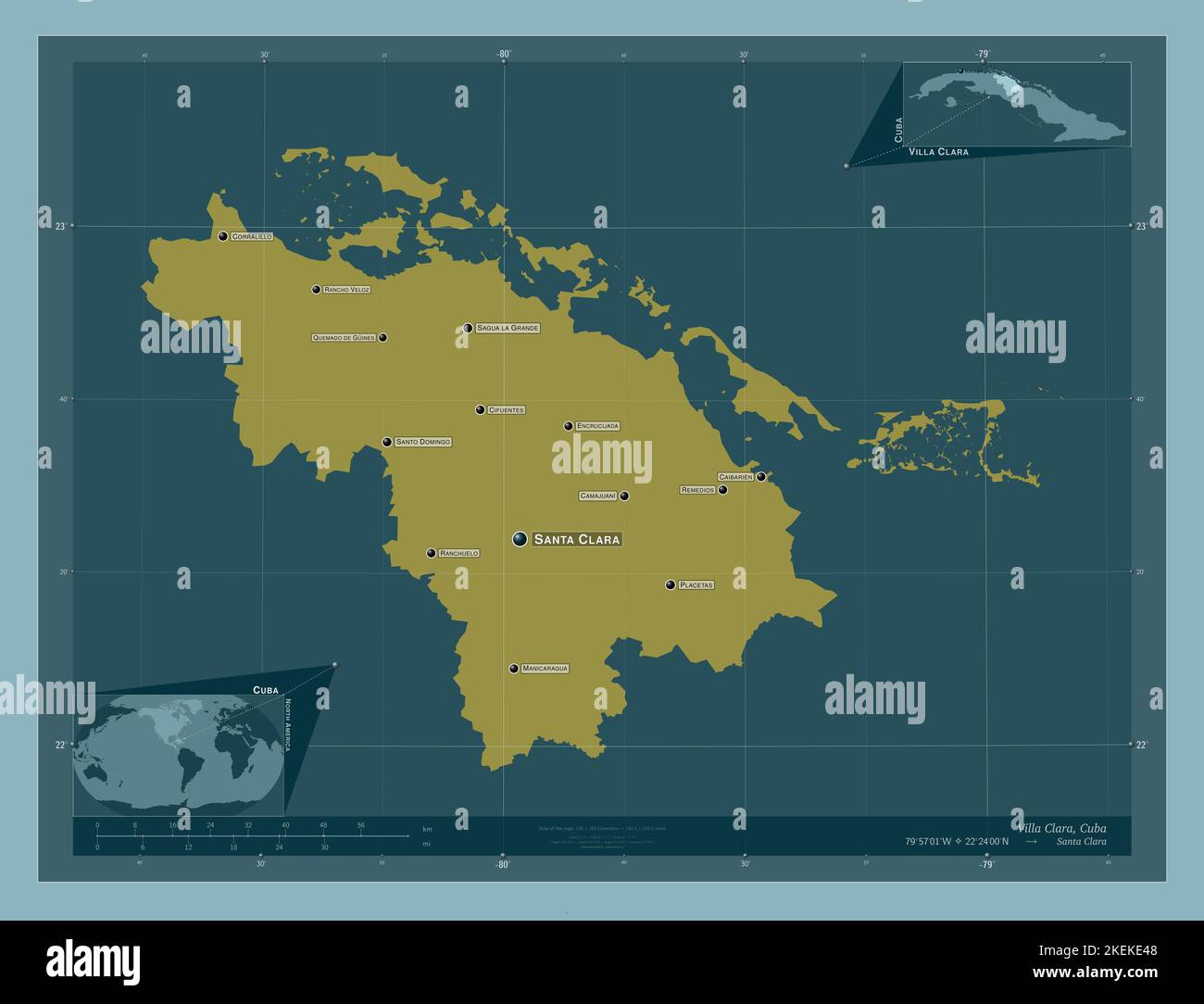 Villa Clara, province of Cuba. Solid color shape. Locations and names ...