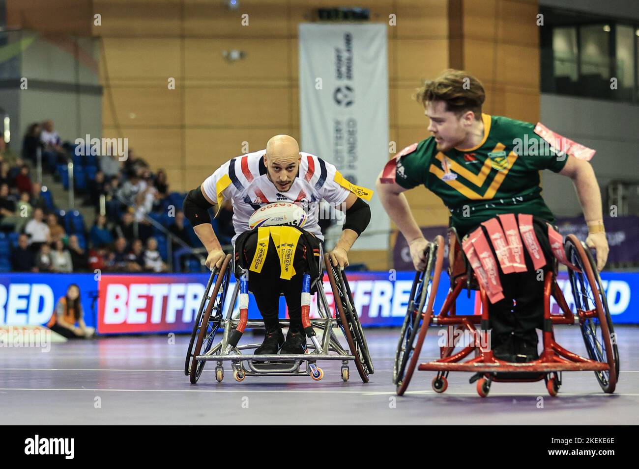 Jeremy Bourson of France breaks away during the Wheelchair Rugby League ...