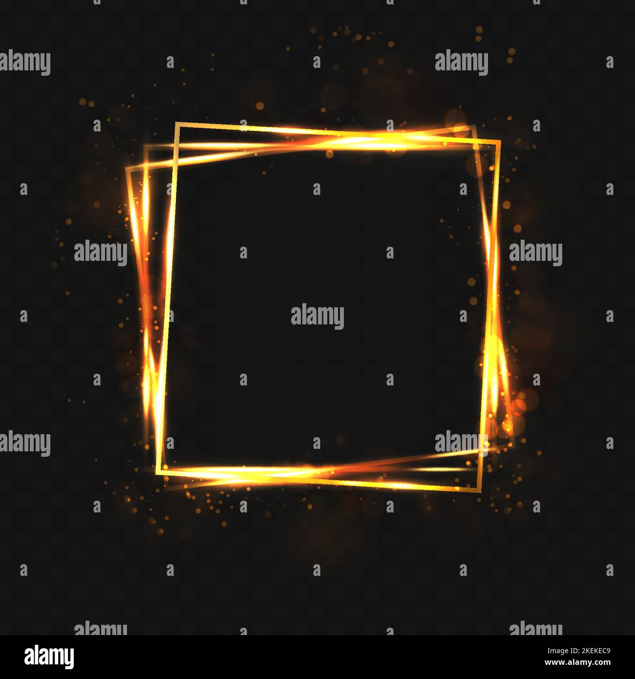 illustration. Golden fire squares with glare and sparcles on dark ...