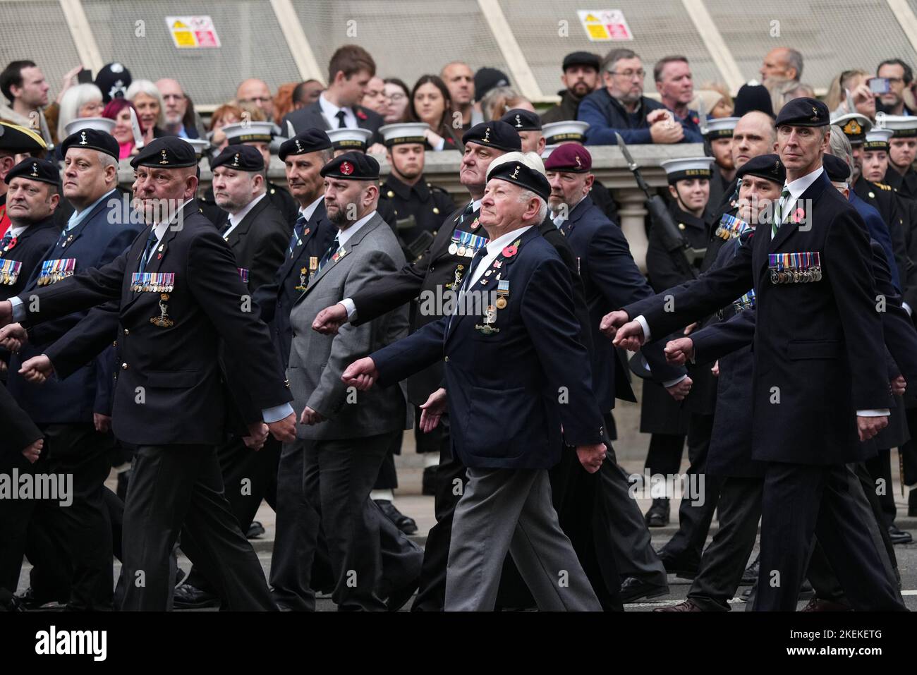 Veterans march during Remembrance Sunday service at the Cenotaph, in ...