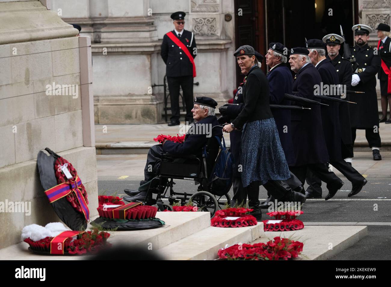 Veterans march during Remembrance Sunday service at the Cenotaph, in ...