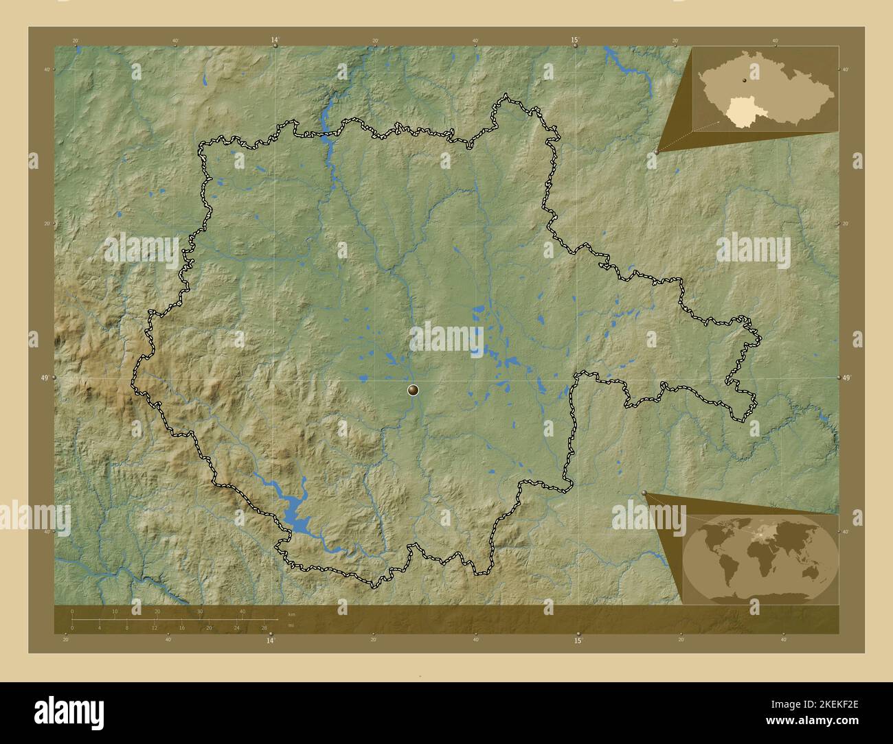 Jihocesky, region of Czech Republic. Colored elevation map with lakes ...