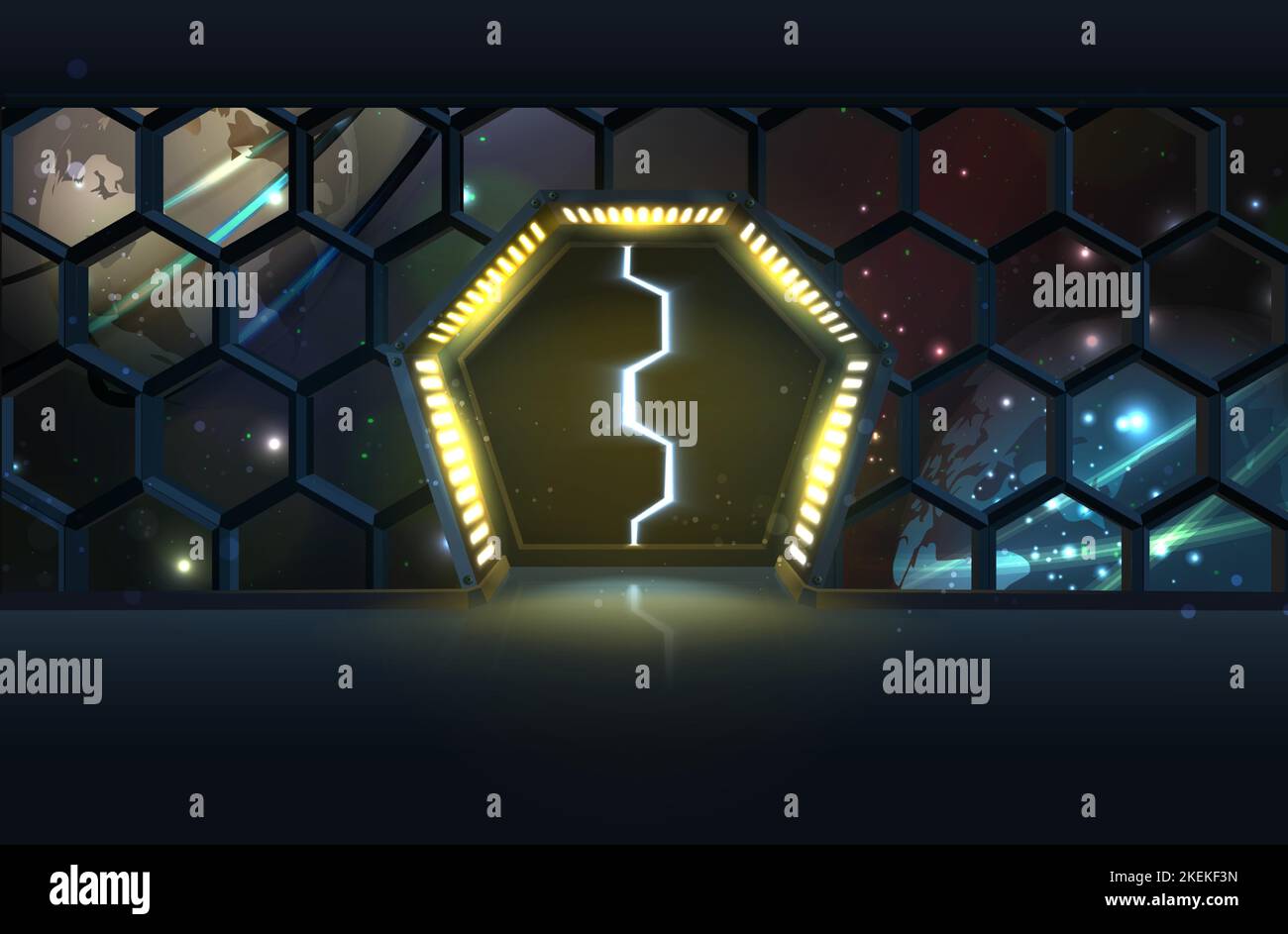 realistic vector illustration banner. Spaceship interior background ...