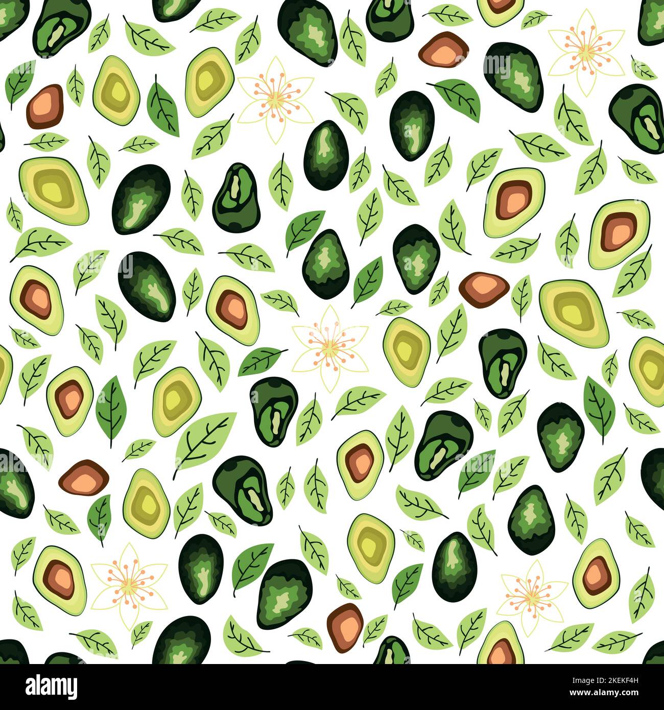 Avocado seamless pattern. Whole and sliced avocado with leaves and ...