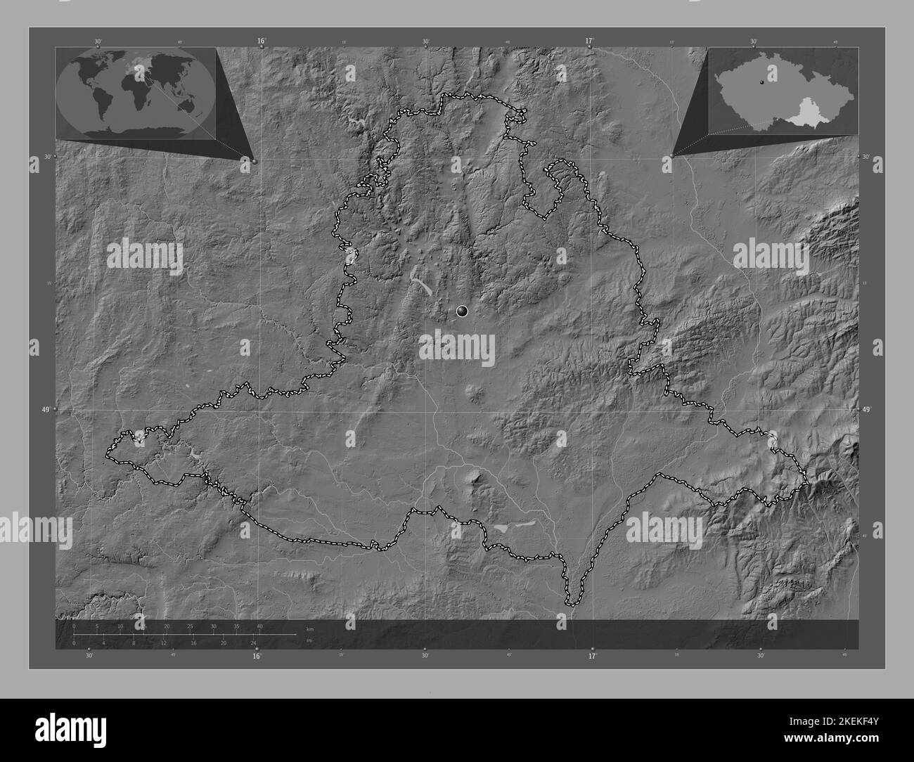 Jihomoravsky, region of Czech Republic. Bilevel elevation map with lakes and rivers. Corner ...