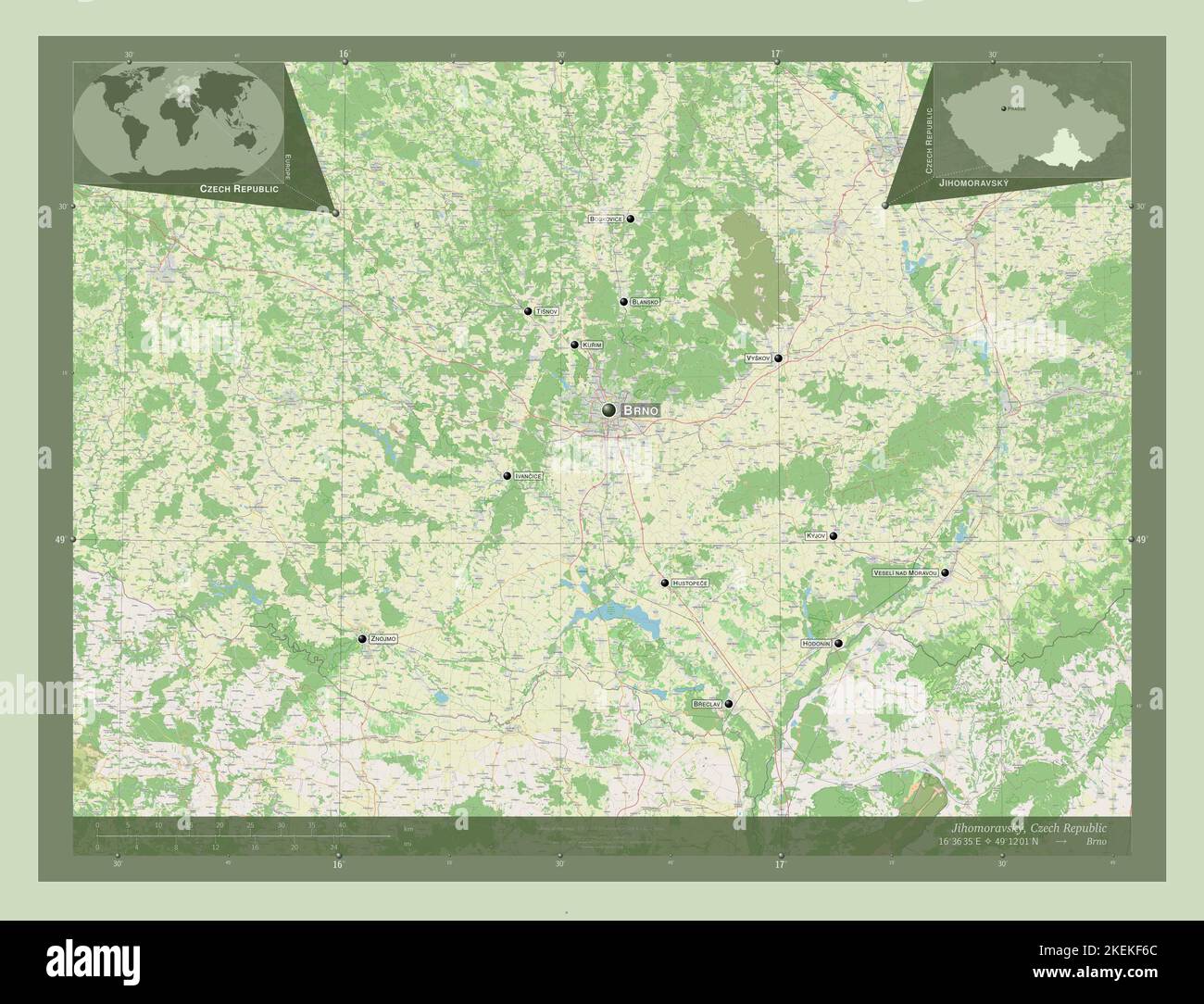 Jihomoravsky, region of Czech Republic. Open Street Map. Locations and names of major cities of ...