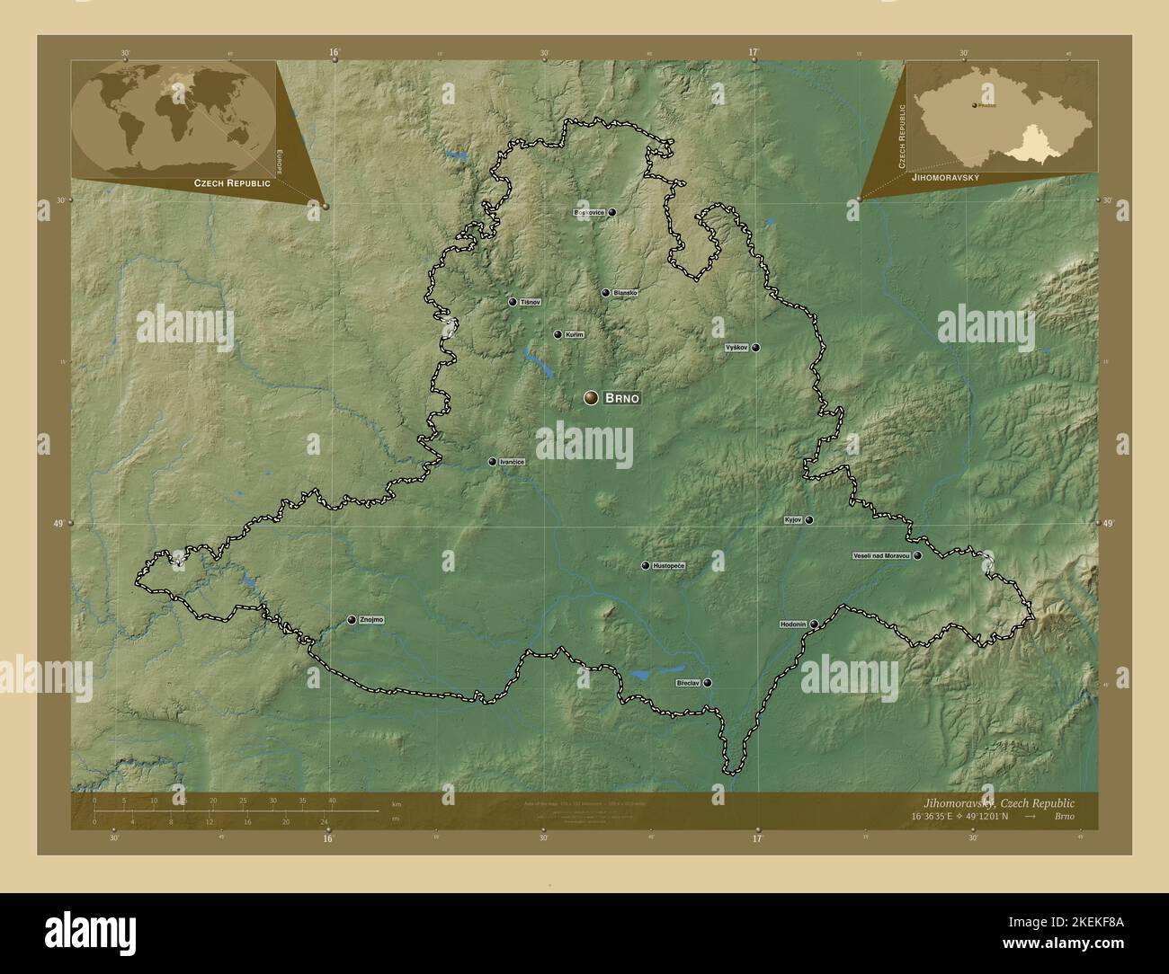 Jihomoravsky, region of Czech Republic. Colored elevation map with ...