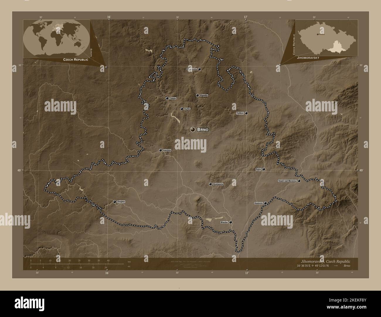 Jihomoravsky, region of Czech Republic. Elevation map colored in sepia ...