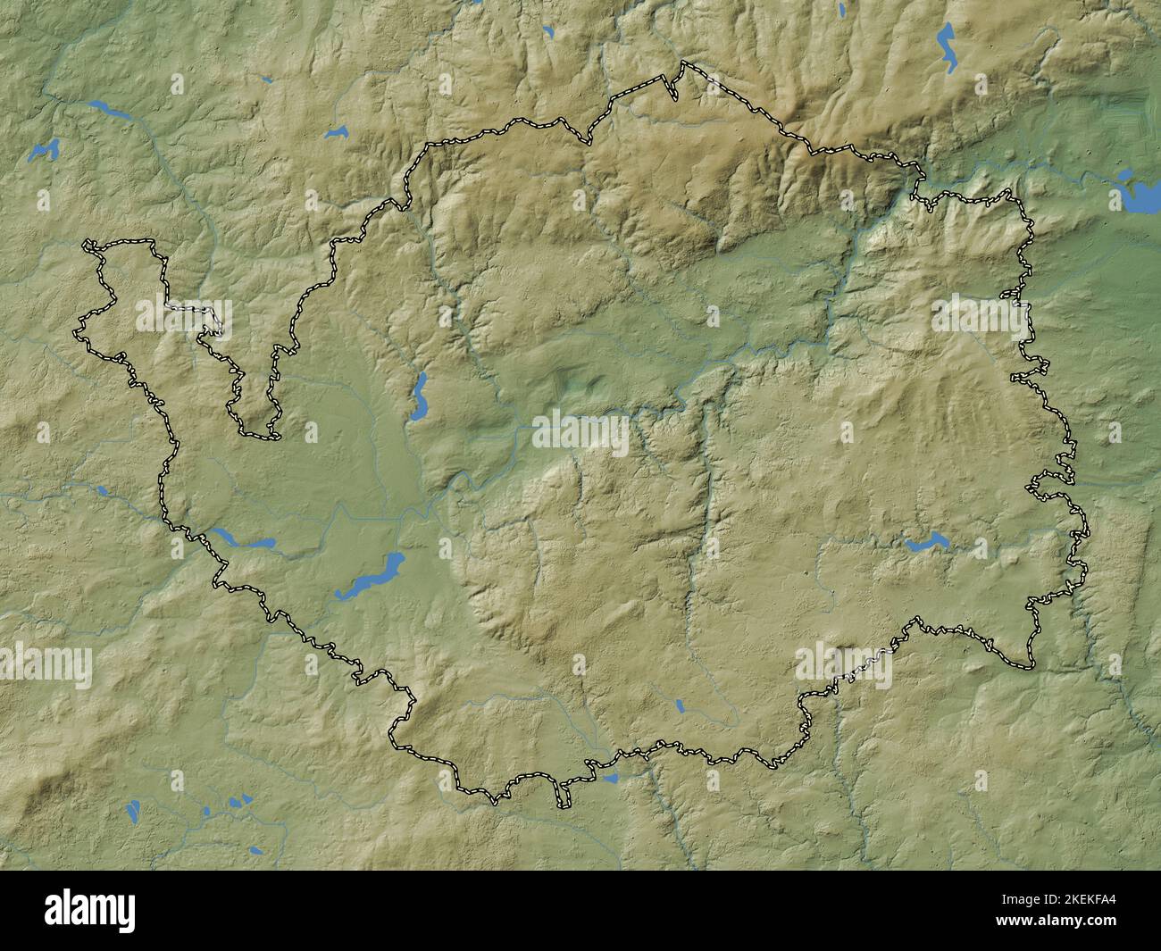 Karlovarsky, region of Czech Republic. Colored elevation map with lakes ...
