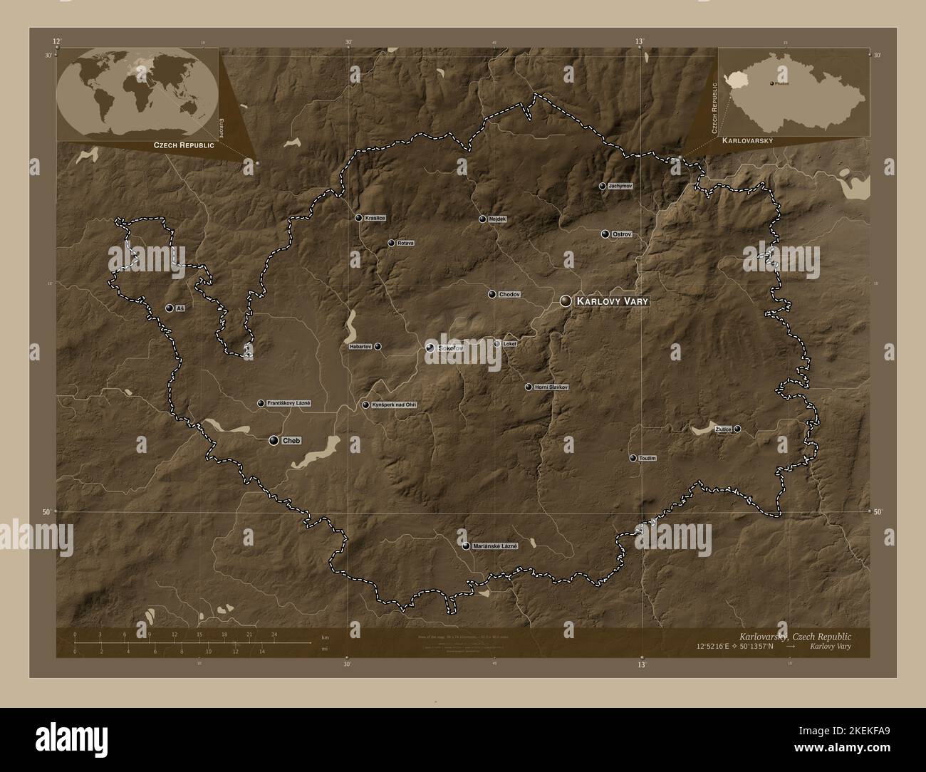 Karlovarsky, region of Czech Republic. Elevation map colored in sepia ...