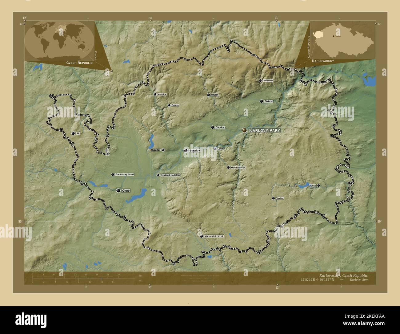 Karlovarsky, region of Czech Republic. Colored elevation map with lakes ...