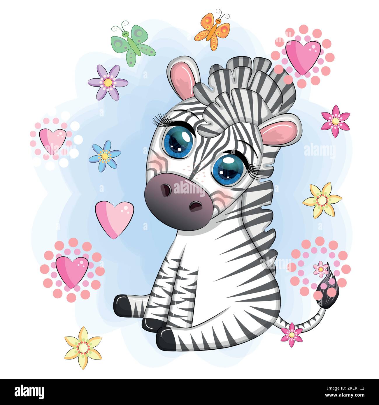 Cute cartoon zebra sits in flowers. Childish striped character, African ...