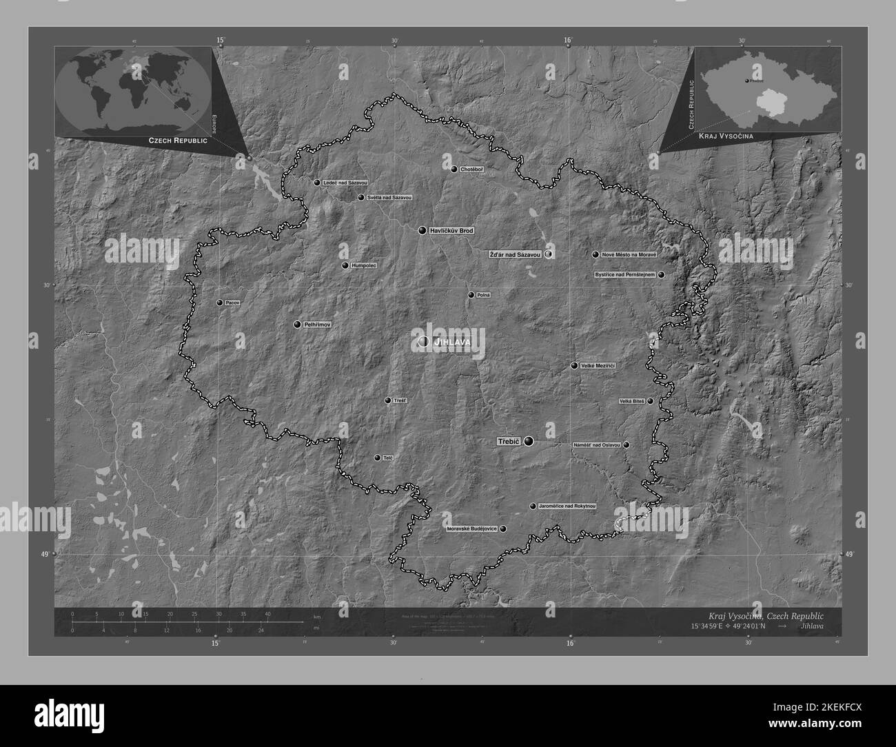 Kraj Vysocina, region of Czech Republic. Bilevel elevation map with ...