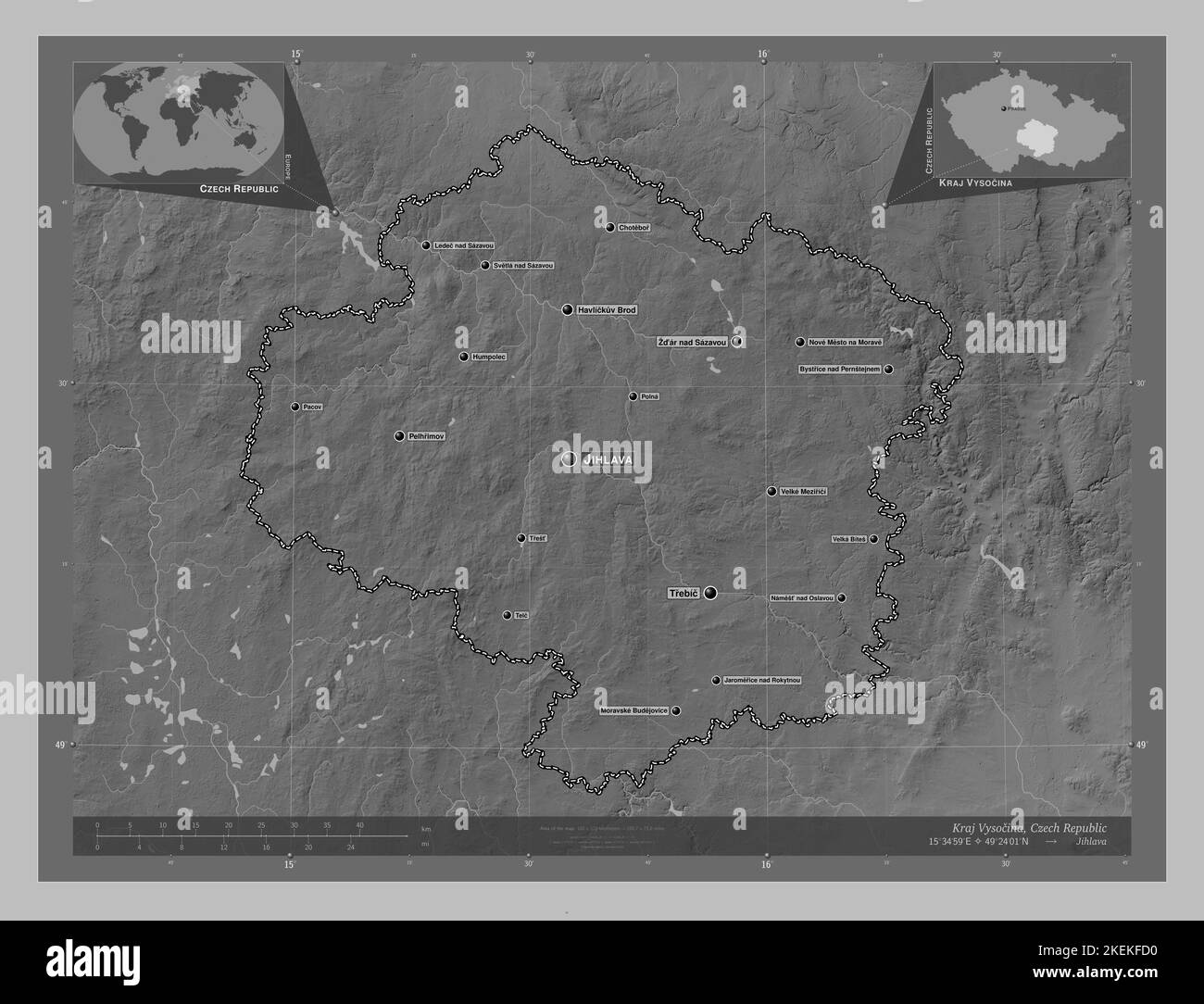 Kraj Vysocina, region of Czech Republic. Grayscale elevation map with lakes and rivers ...