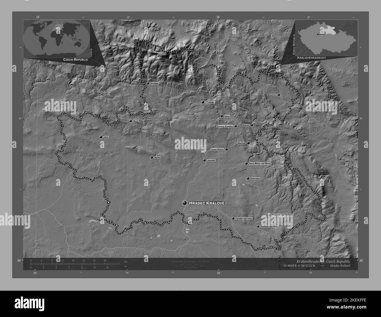 Kralovehradecky, region of Czech Republic. Bilevel elevation map with ...
